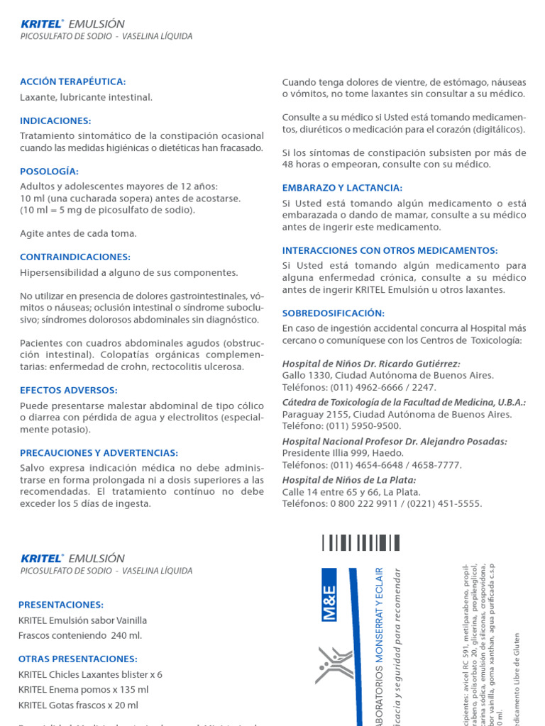 Kritel Emulsion Prospecto | PDF | Medicamentos con receta | Diarrea
