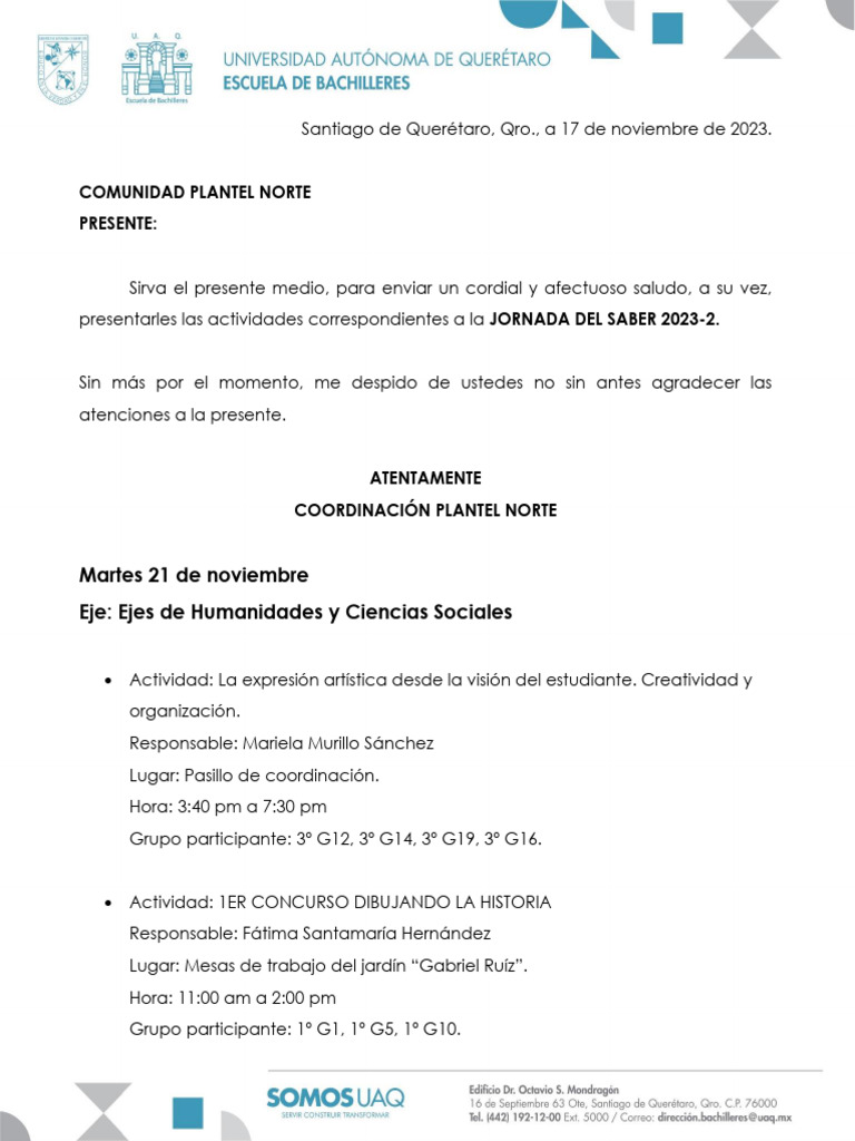 Actividades Jornada Del Saber 2023-2 | Descargar gratis PDF | Ciencias Naturales | Observación