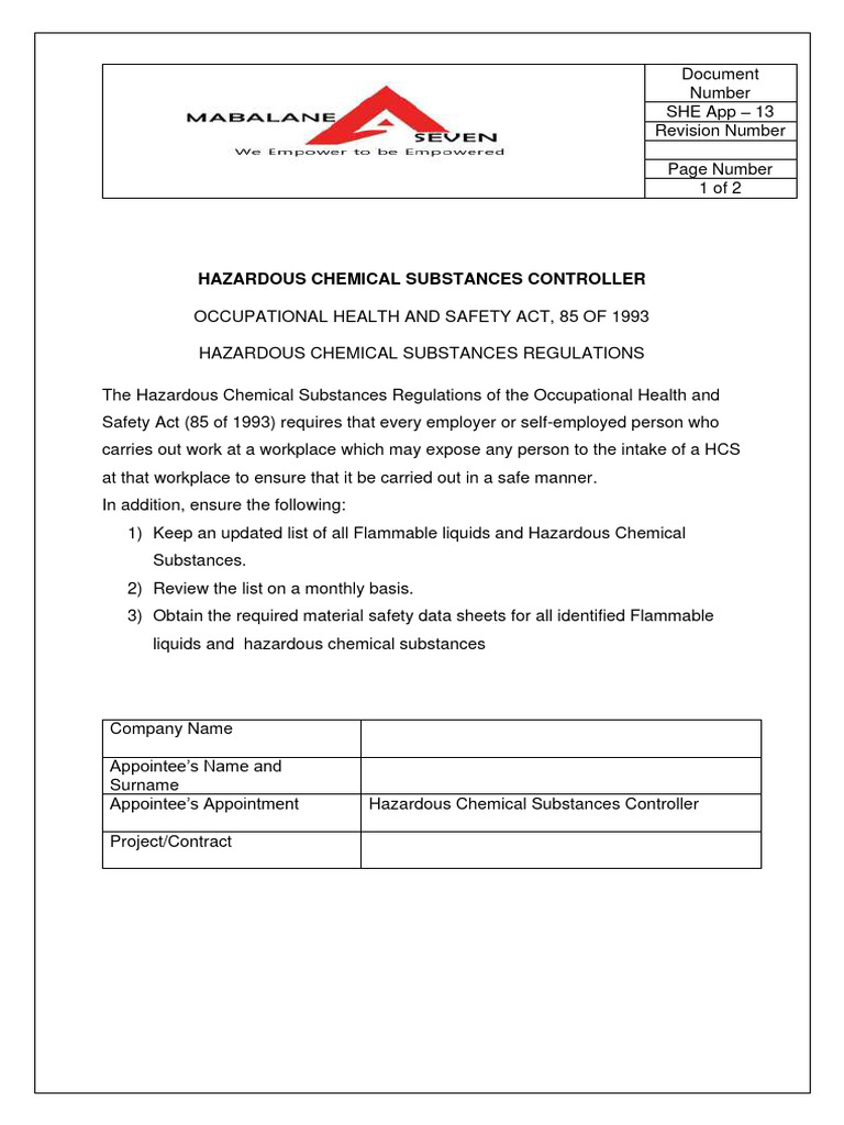 SHE App 13 - HCS Controller | PDF | Dangerous Goods | Labor Relations