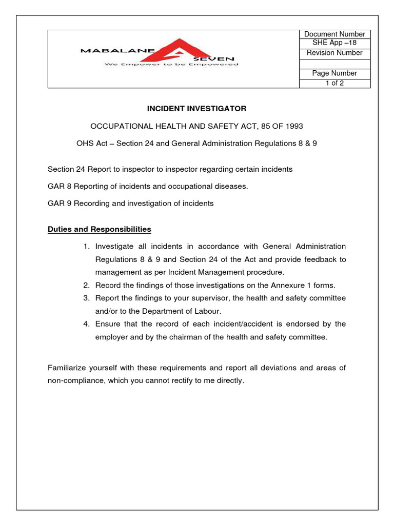 SHE App 18 - Incident Investigator | PDF | Occupational Safety And ...