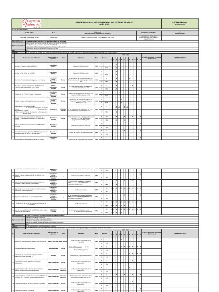 SSOMA-PRO-001 Programa Anual de Seguridad y Salud en El Trabajo GERDIPAC | PDF | Seguridad y ...