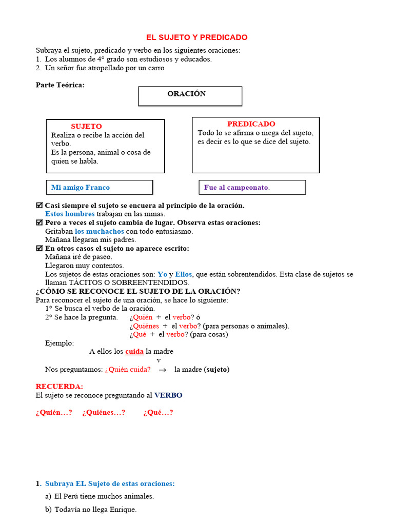 Reconociendo El Sujeto y El Predicado para Sexto de Primaria | PDF ...