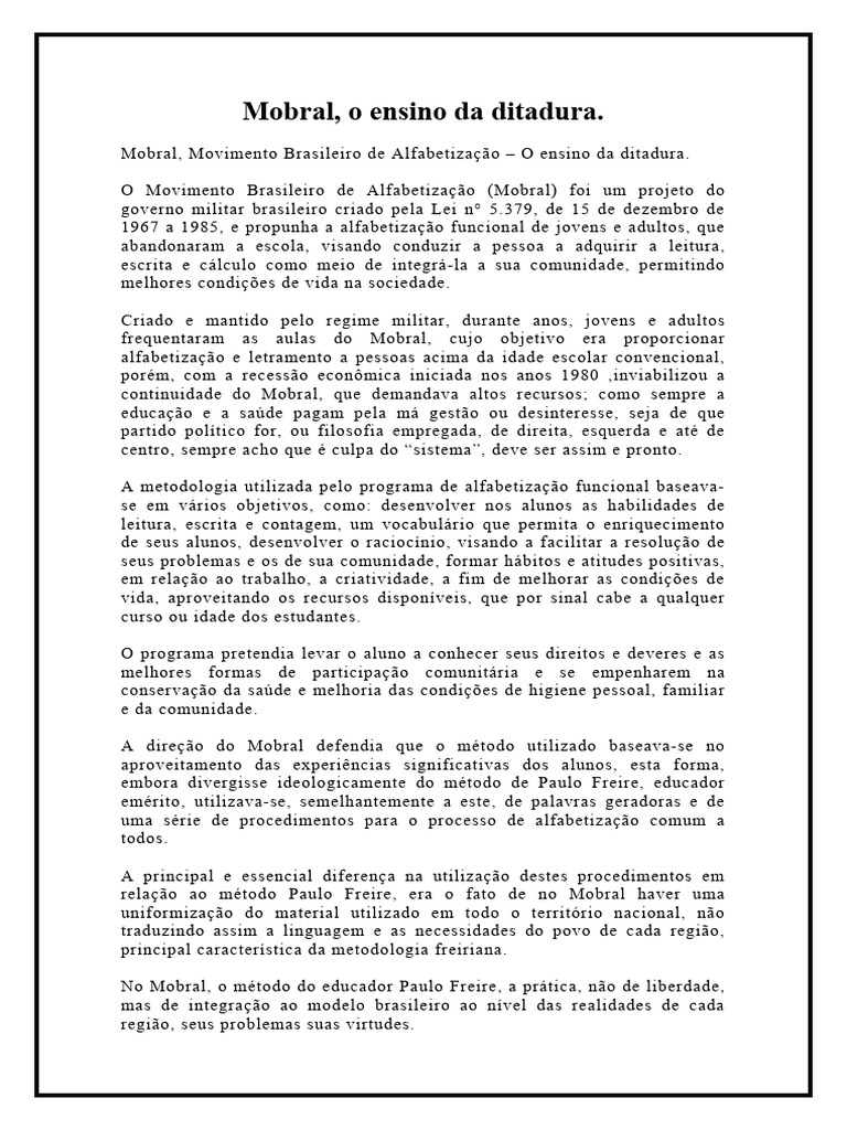 Mobral: Alfabetização na Ditadura | PDF | Alfabetização