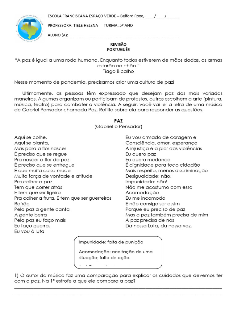 Revisão de Português: Cultura de Paz | PDF | Adjetivo | Paz