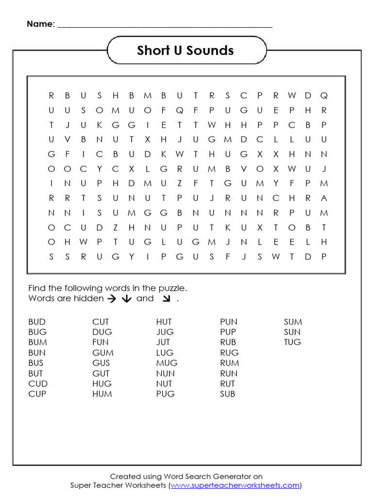 Short U Sounds Word Search Puzzle | PDF | Puzzles | Games Of Mental Skill