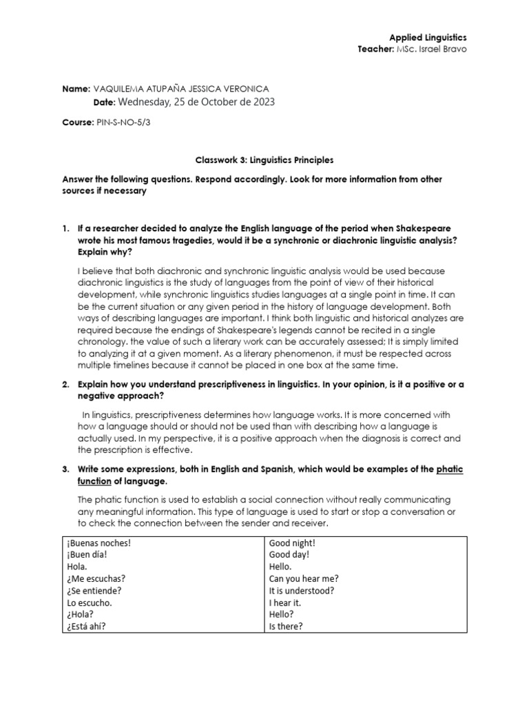 Classwork 3 Linguistics Principles | PDF | Linguistics | Cognitive Science