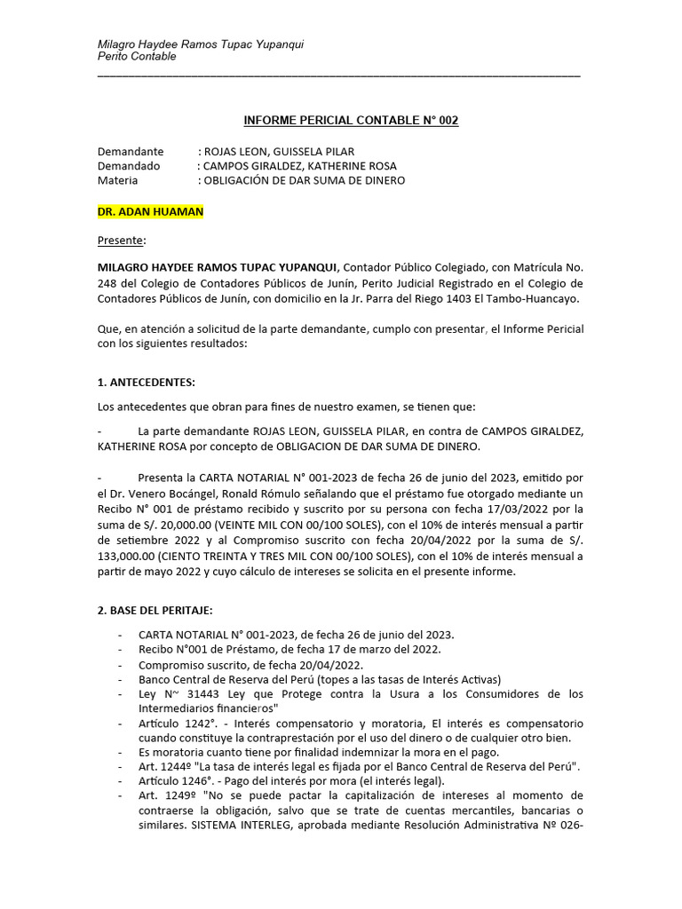INFORME PERICIAL CONTABLE No 002 | PDF | Interés | Finanzas y dinero