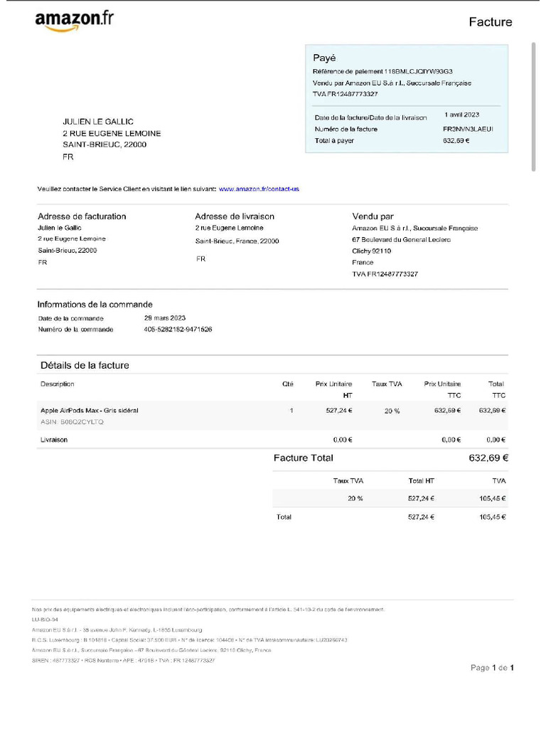 PDF Facture Airpods Pro Max | PDF