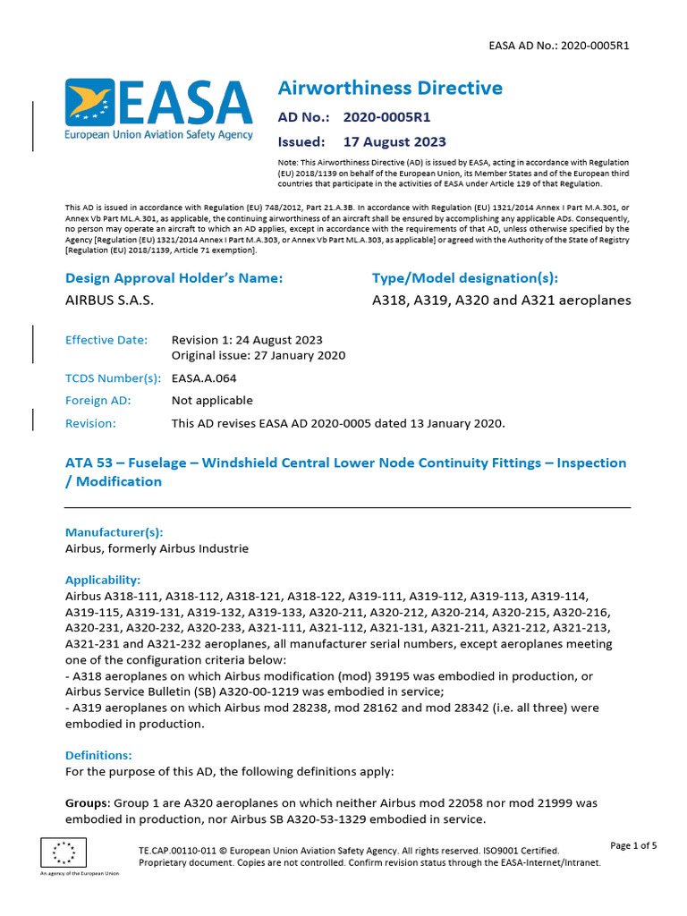 2020-0005R1 Airworthiness Directive | PDF | Airbus | Aviation