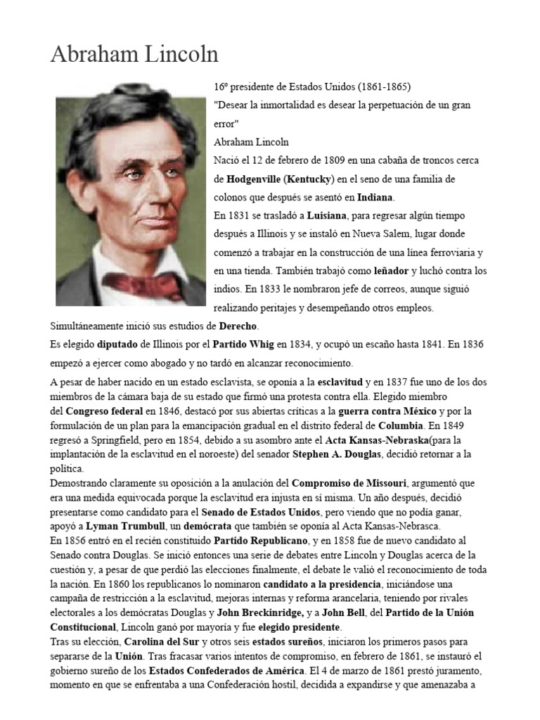 Vida y legado de Abraham Lincoln | PDF | Abraham Lincoln | Estados ...