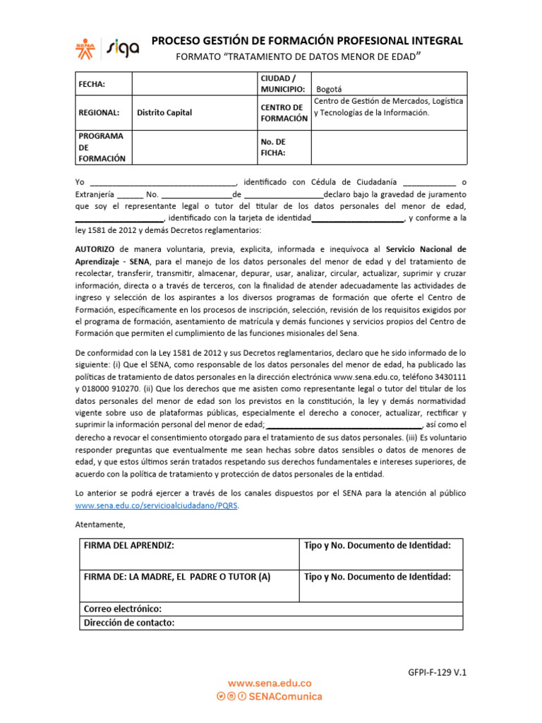 GFPI-F-129 Formato Tratamiento de Datos Menor de Edad | PDF