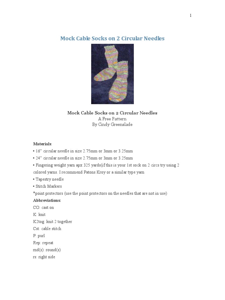 Mock Cable Socks On 2 Circular Needles | PDF | Knitting | Needlework