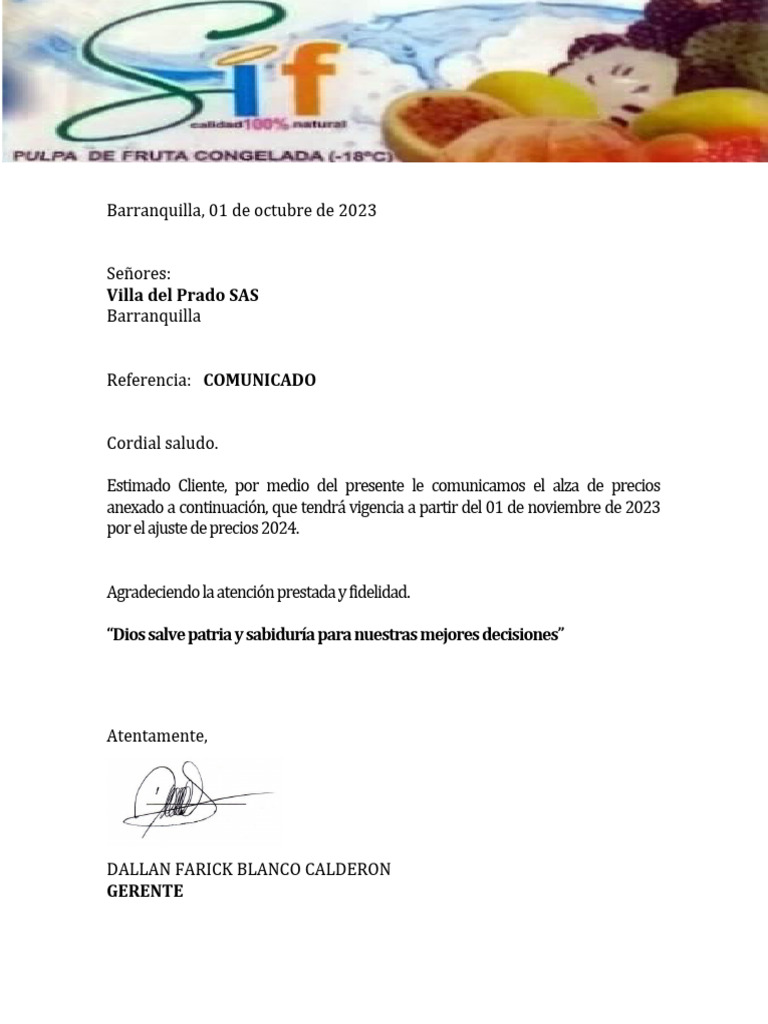 Carta Clientes-Alza de Precios 2023 | PDF