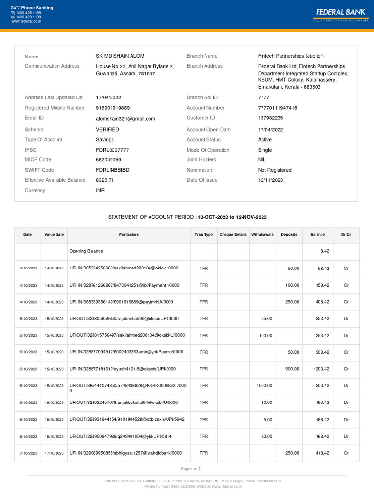 AccountStatement 13 OCT 2023 To 12 NOV 2023 | Download Free PDF | Banks ...