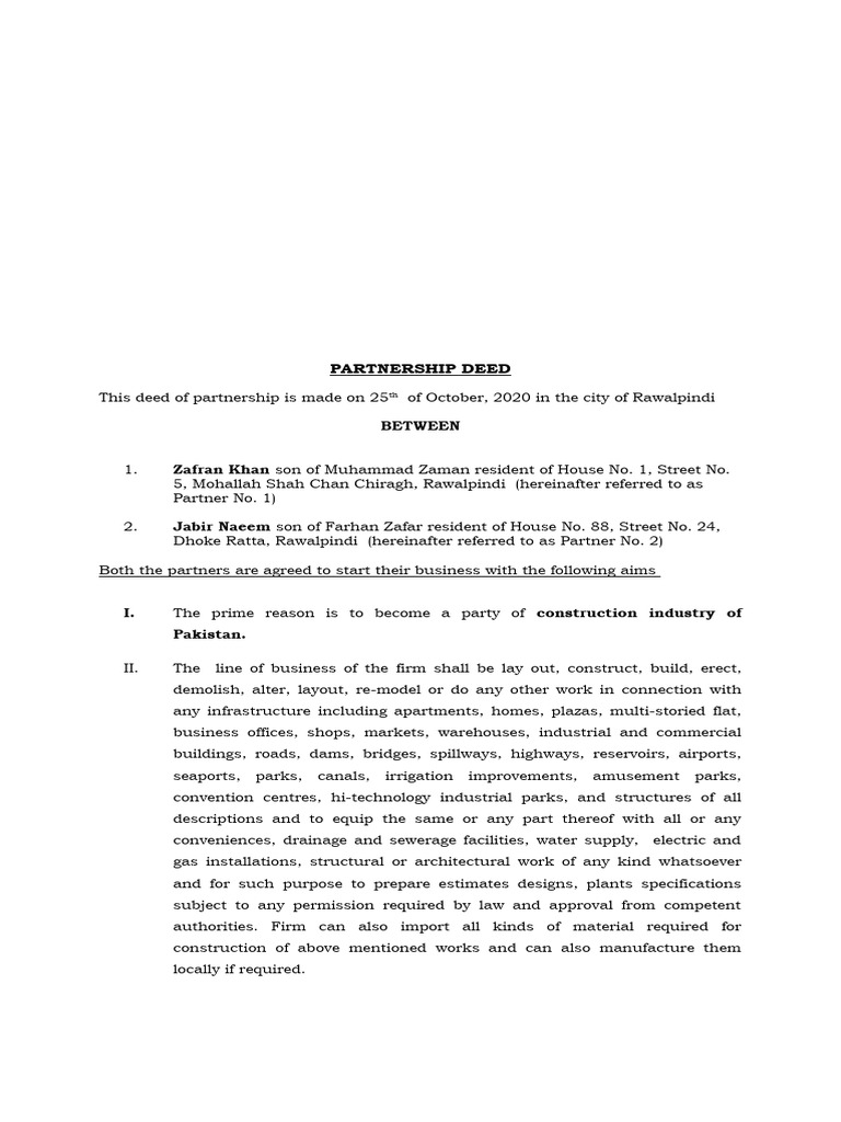 Construction Partnership Deed Template | PDF | Partnership | Economies