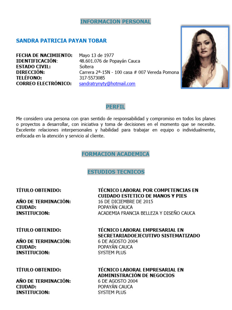 Hoja de Vida de Sandra Patricia Payan | PDF