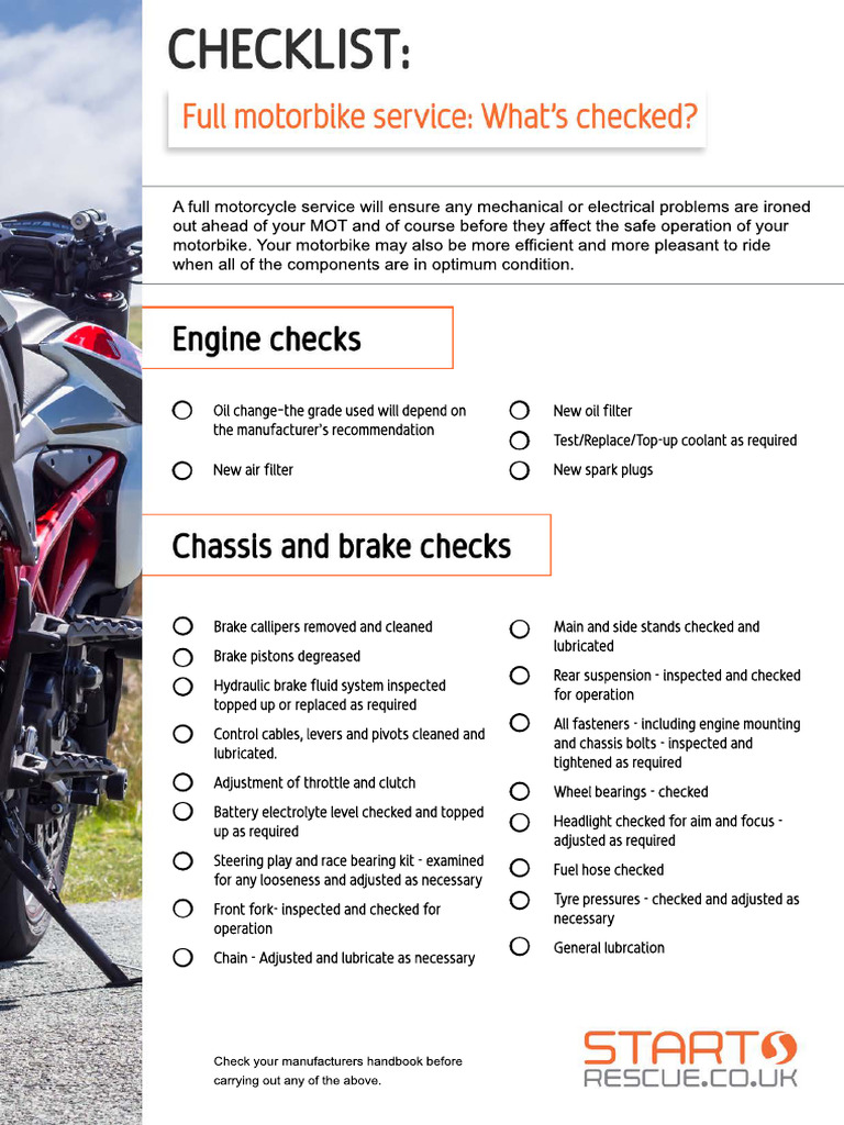 Full Motorbike Service Checklist | PDF