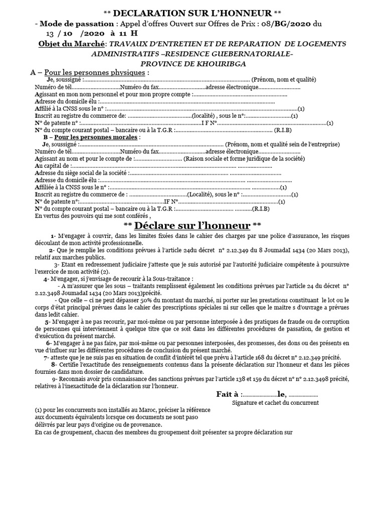 Modèle de Déclaration sur l'Honneur | PDF | Affaires | Finance et ...