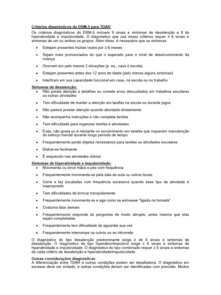 questionário TDAH | PDF | Transtorno de déficit de atenção e ...