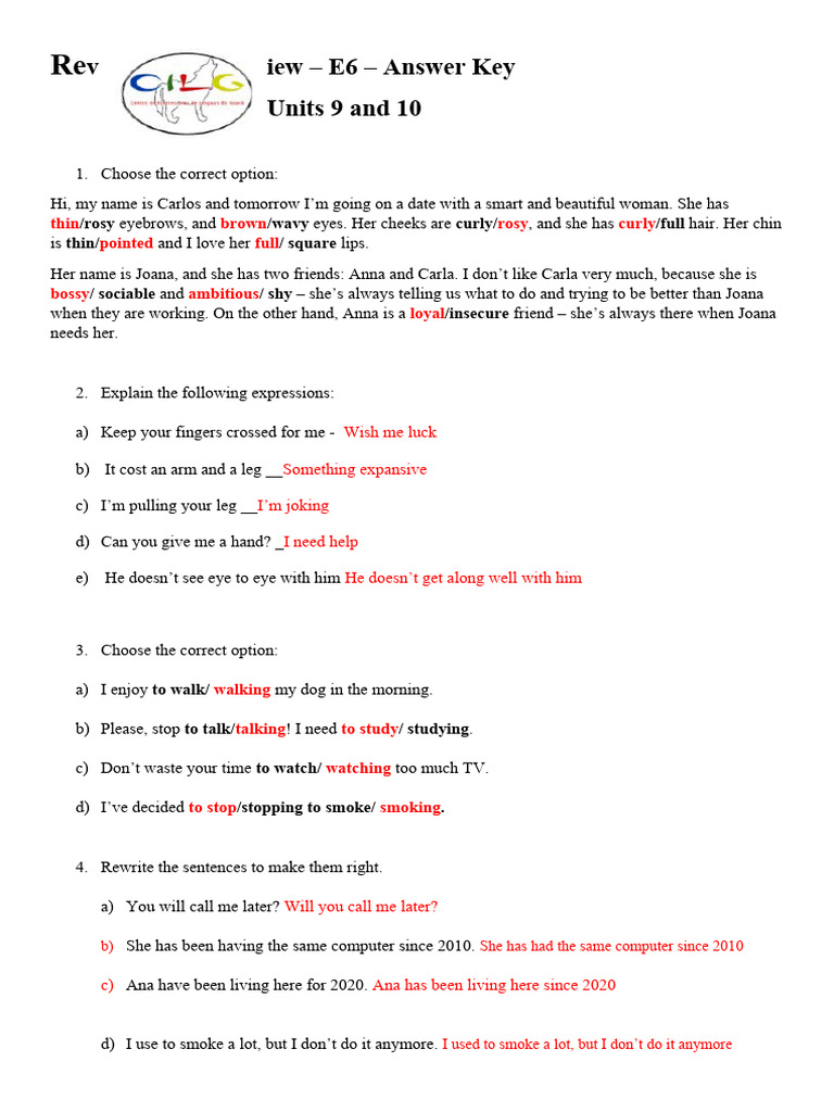 E6 Answer Key for Units 9 and 10 | PDF