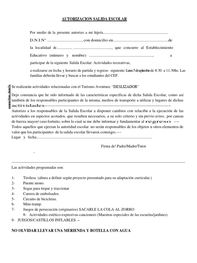 Autorizacion Salida Escolar | PDF