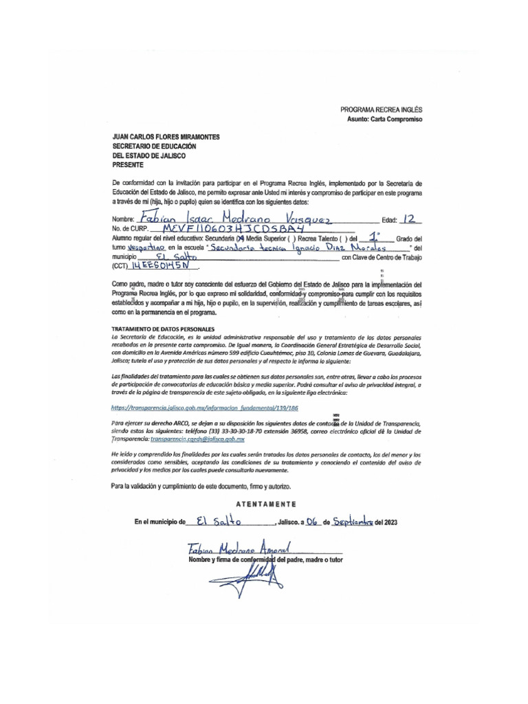 Carta Compromiso Fabian Isaac Medrano Vasquez | PDF