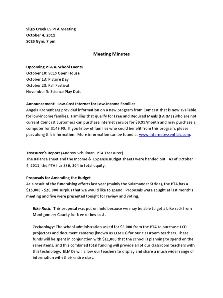 2011 10 - 04 PTA Meeting Minutes | PDF | Classroom | Business
