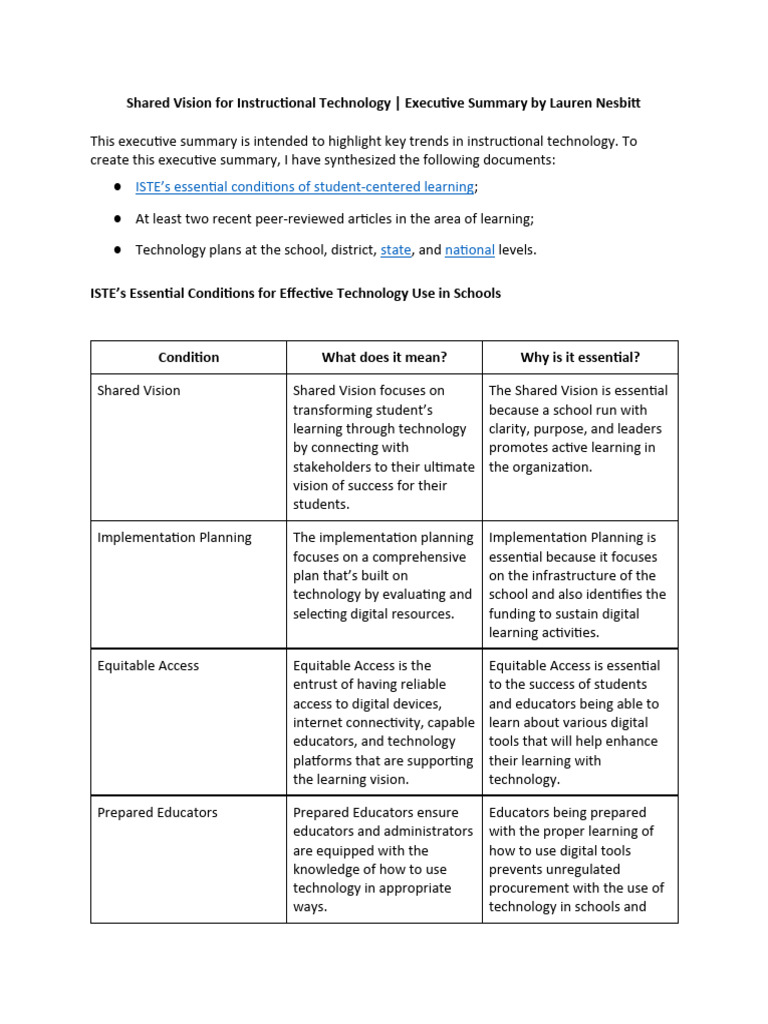 Shared Vision Executive Summary Lauren Nesbitt-3 | PDF | Teachers ...