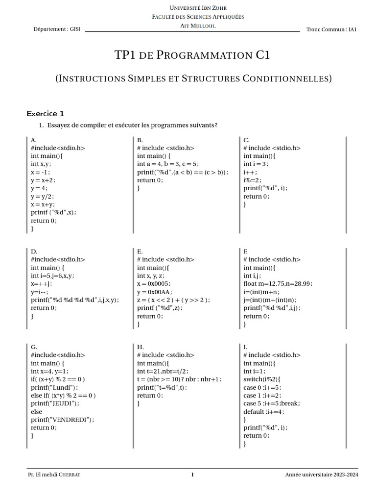 TP1 - Instructions - Base & Structures - Conditionnelles - en - C | PDF | Programme informatique ...