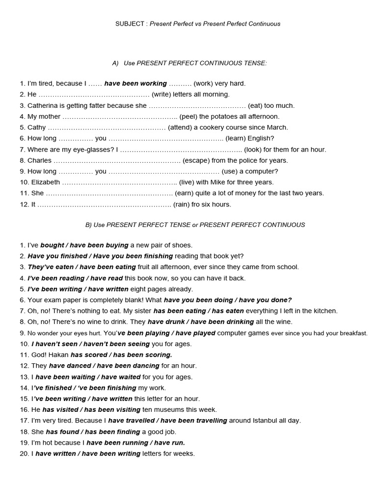 Use PRESENT PERFECT CONTINUOUS TENSE | PDF