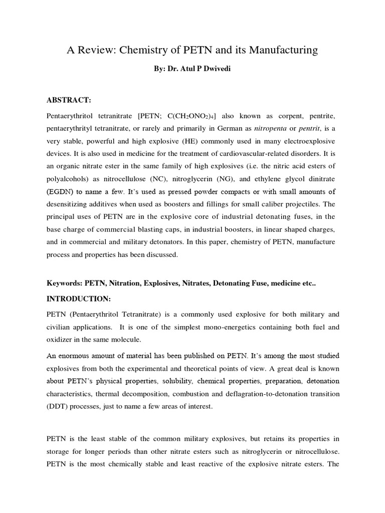 A Review Chemistry of PETN and Its Manuf | PDF | Physical Chemistry ...