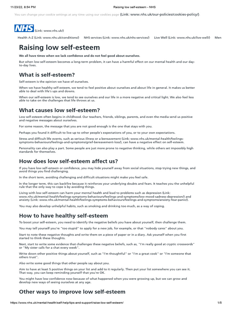 Raising Low Self-Esteem - NHS | PDF | Self Esteem | Psychotherapy