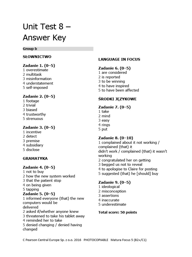 Unit Test 8 - Answer Key - Group B | PDF