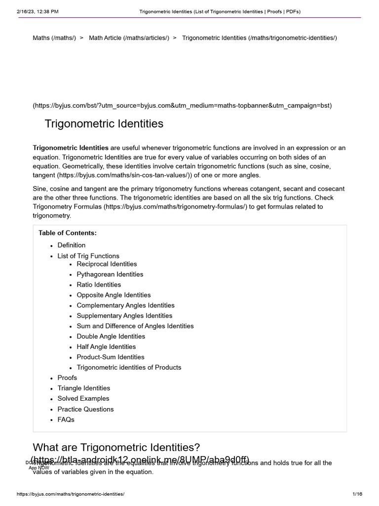 Trigonometric Identities (List of Trigonometric Identities - Proofs ...