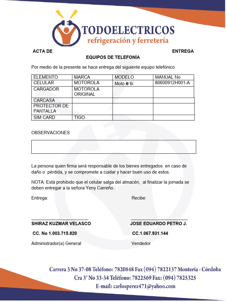 Acta Entrega de Equipo TD1 y TD2 | PDF
