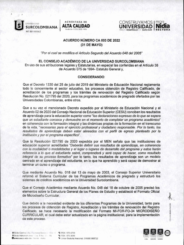 Acuerdo 003 Mi-For-fo de 2022 - Consejo Academico | PDF | Plan de estudios | Educación más alta