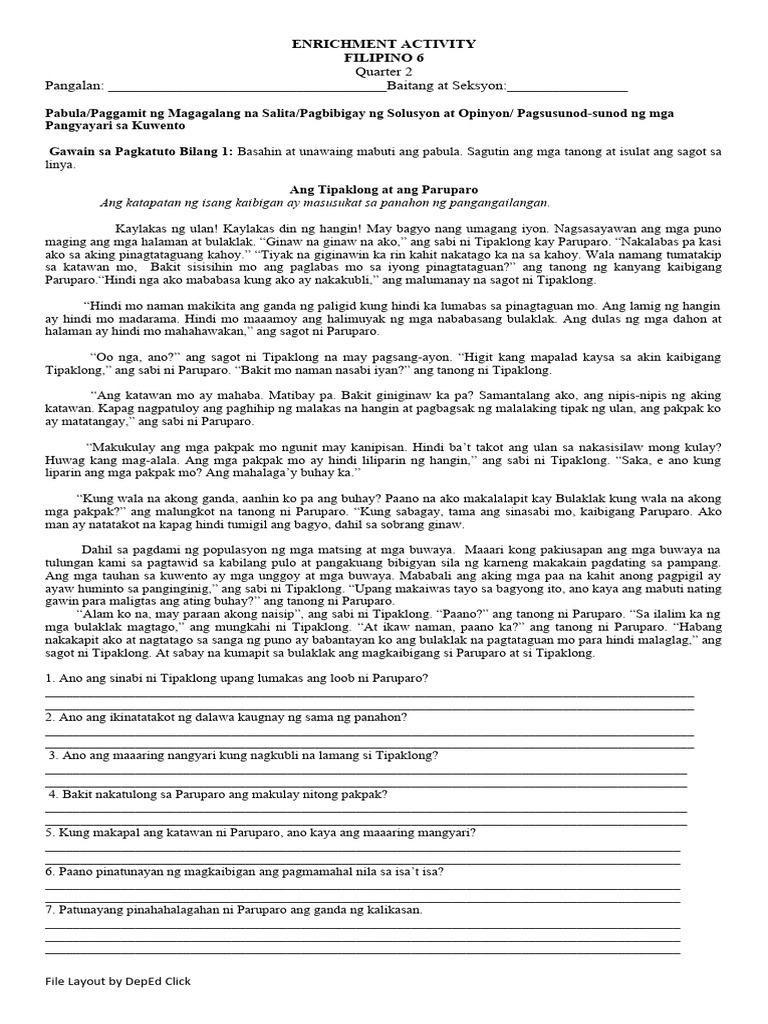 FILIPINO 6 Activity Sheet Q2 W3 | PDF