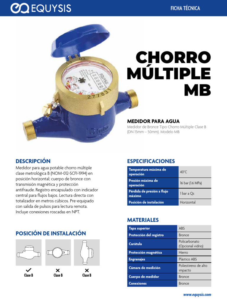 Ficha Técnica Medidores Chorro Múltiple Bronce Serie MB | PDF