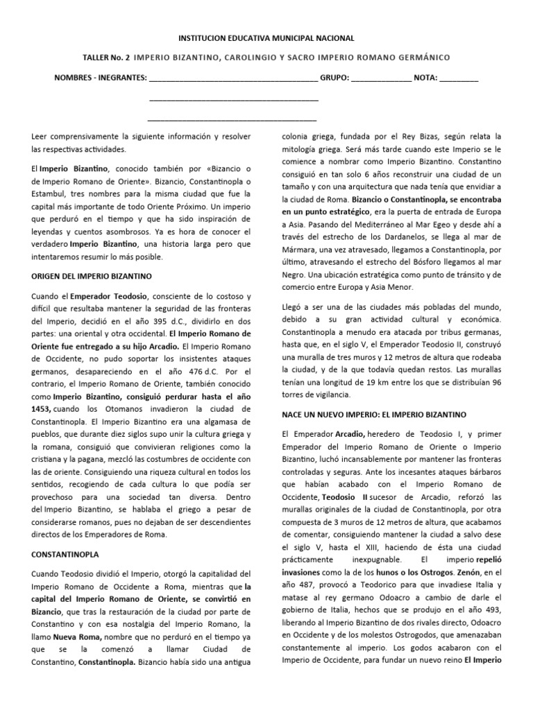 Taller 2. Imperio Bizantino | PDF | imperio Bizantino | Carlomagno
