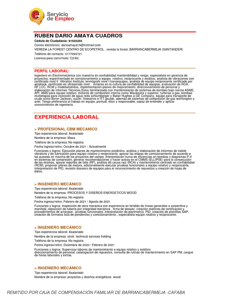 RUBEN DARIO AMAYA CUADROS (Perfil Mecanico) | PDF | Ingeniería de confiabilidad | Business