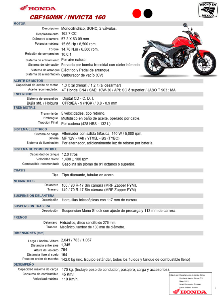 Especificaciones Invicta 160 | PDF | Embrague | Motocicleta
