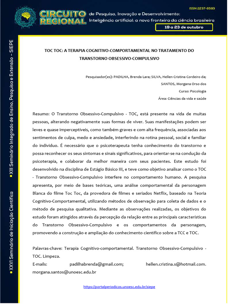 Uma Pág. Toc Toc: A Terapia Cognitivo-Comportamental No Tratamento Do Transtorno Obsessivo ...