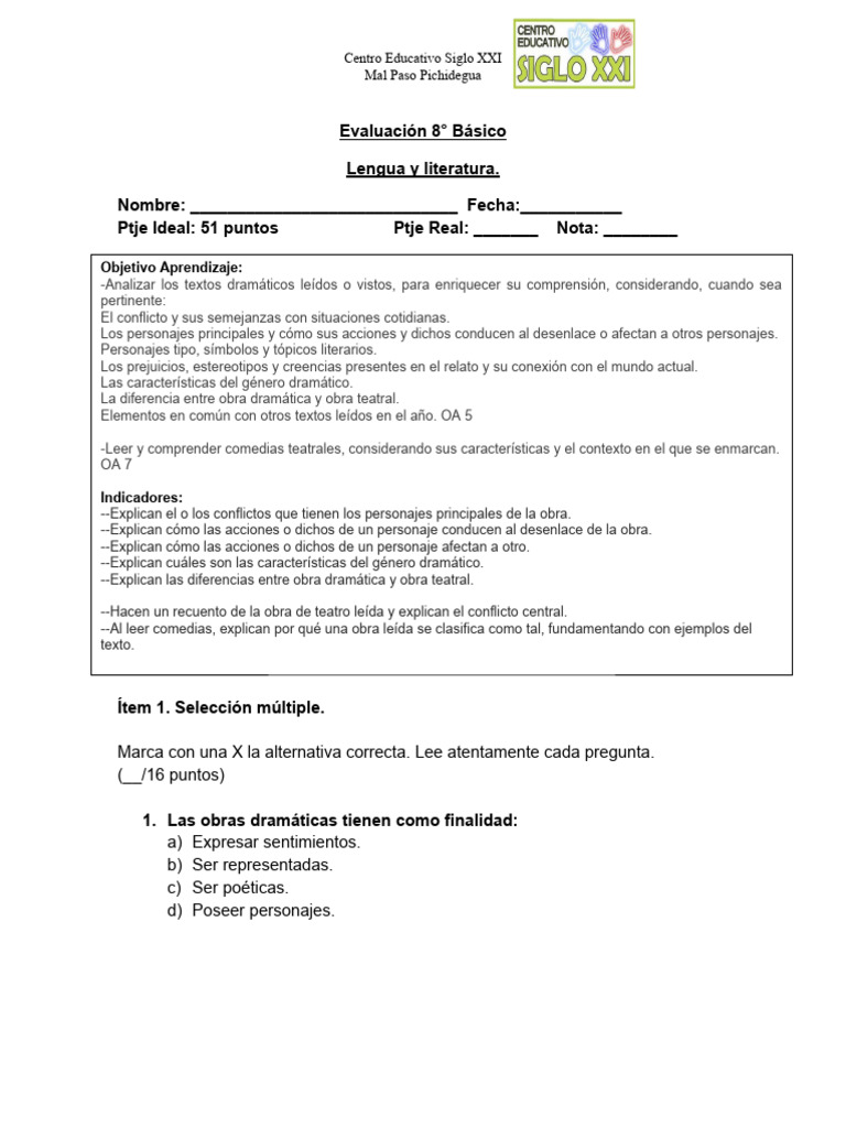 Prueba Genero Dramatico | PDF | Teatro