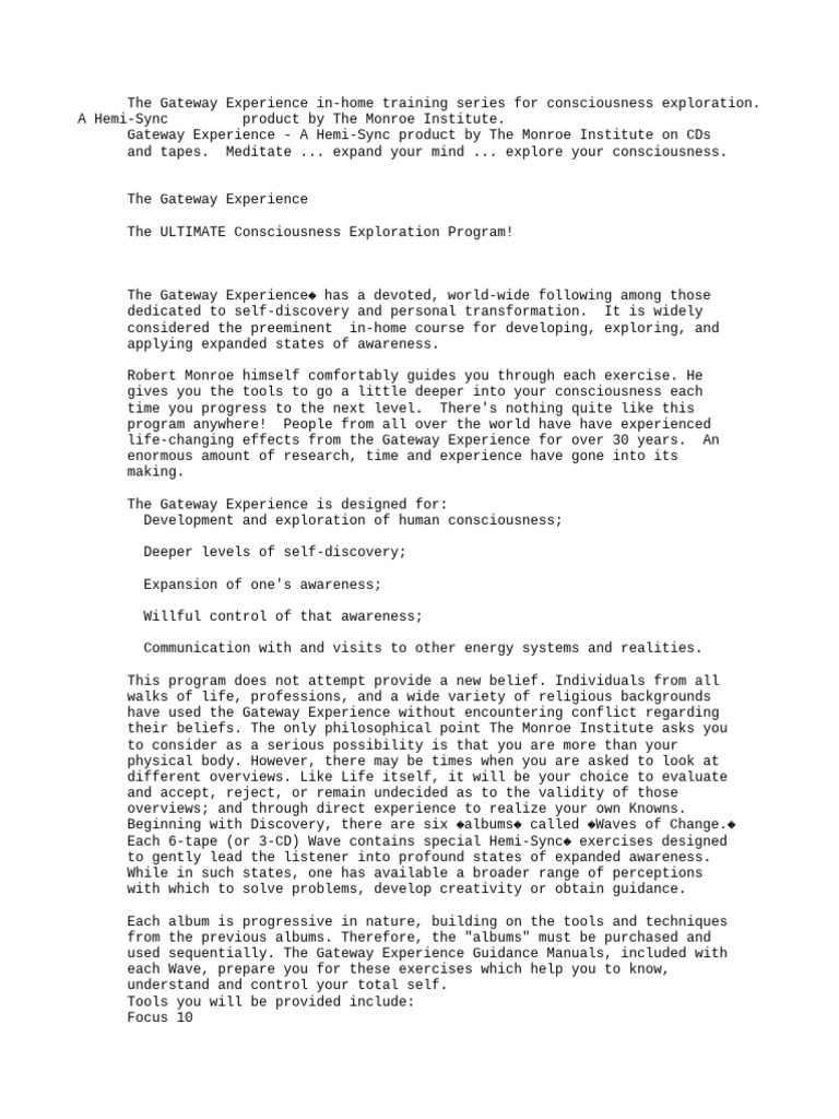 Brainwave - Hemi-Sync - The Monroe Institute - Gateway Experience In-Home Training Series | PDF ...