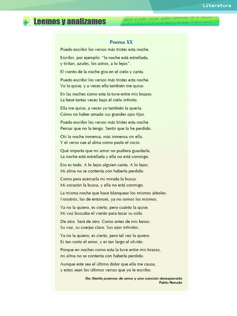 Análisis del Poema XX de Neruda | PDF | Amor | Surrealismo