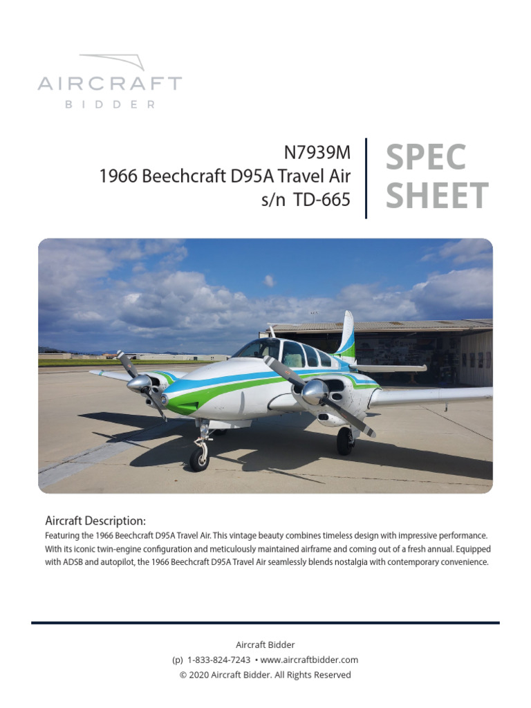 1966 Beechcraft D95A Specs Sheet | PDF | Aircraft | Wing Configurations