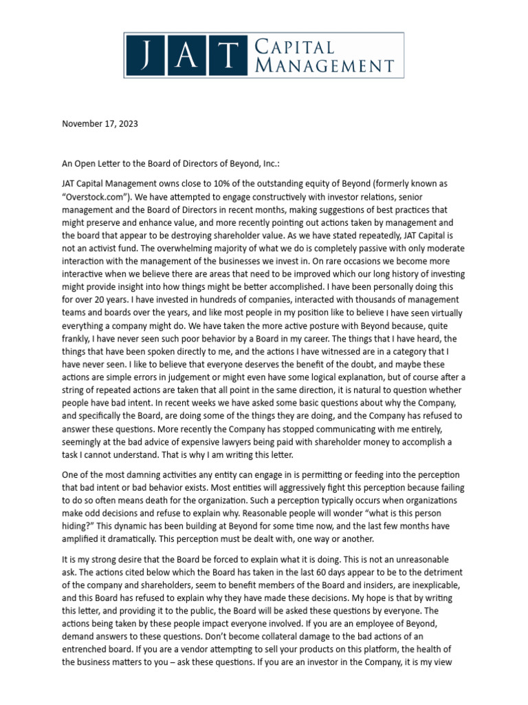 JAT Capital Open Letter To The Board of Directors of Beyond Inc | PDF ...