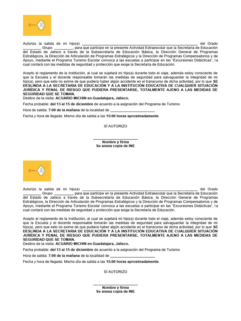Permiso para Excursion Acuario Michin | PDF | Turismo