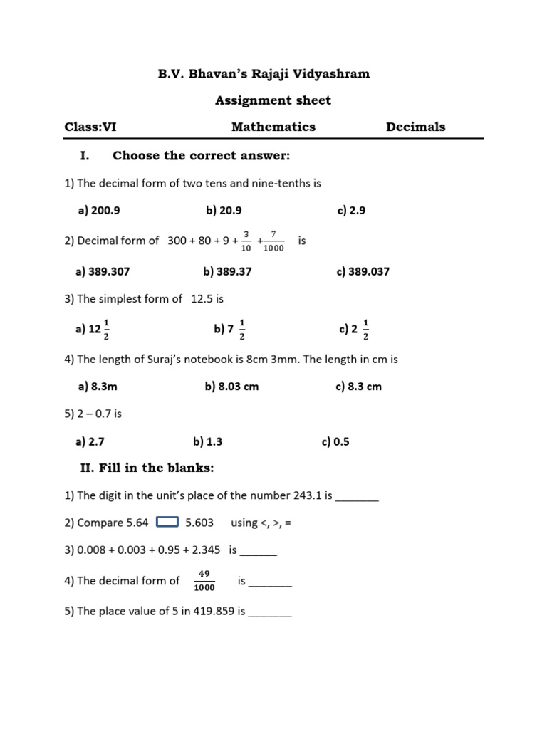 Decimals - Assignment Sheet | PDF | Decimal | Notation