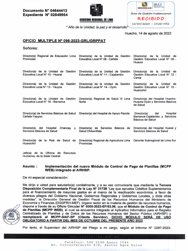 OFICIO MULTIPLE 96 Implementacion Del Nuevo Modulo de Control de Pago ...
